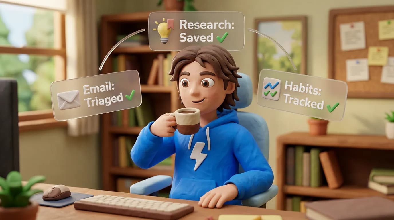 OpenClaw personal productivity automations handling email triage, research capture, and habit tracking while the user relaxes