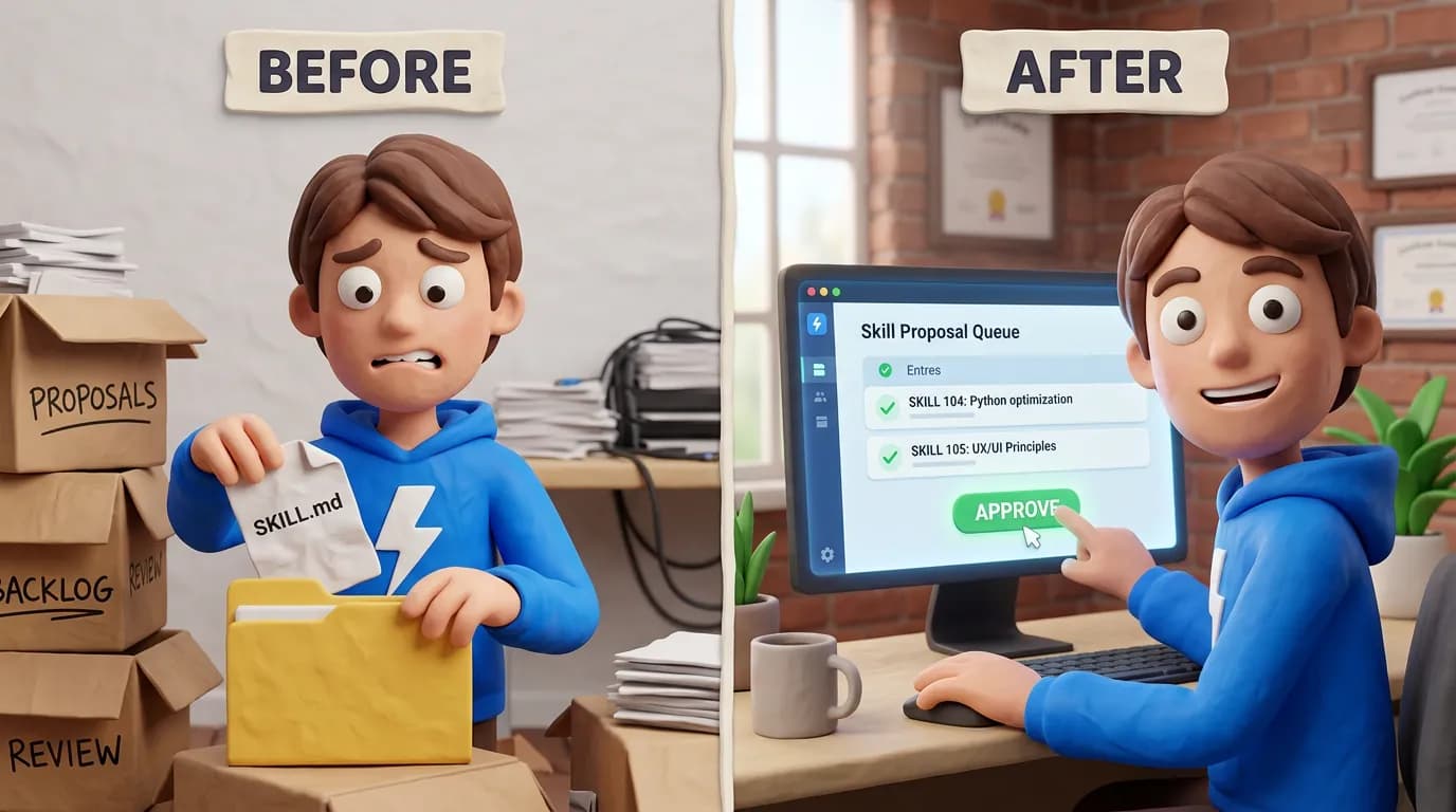 Before Skill Workshop: dropping raw SKILL.md files with no governance. After: a governed proposal queue where agents propose and humans approve before anything deploys