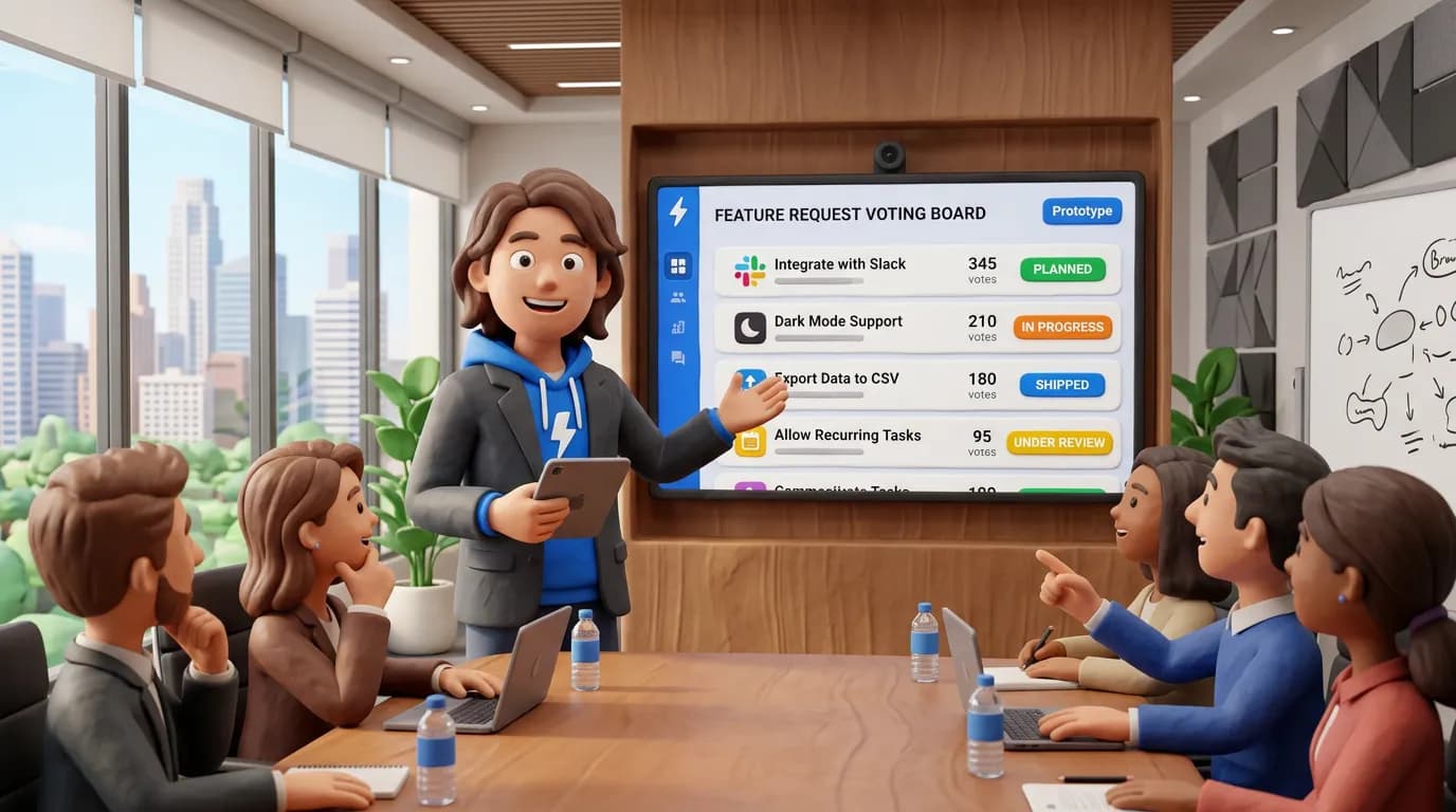 Product manager presenting a real functional prototype to the team — actual working app with vote counts and shipped status tags visible on screen