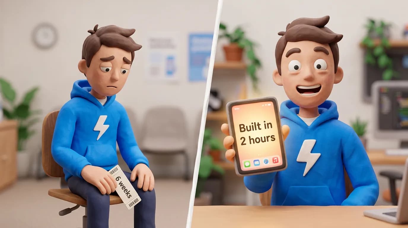 Product manager holding app showing 'Built in 2 hours' versus waiting with a ticket reading '6 weeks'
