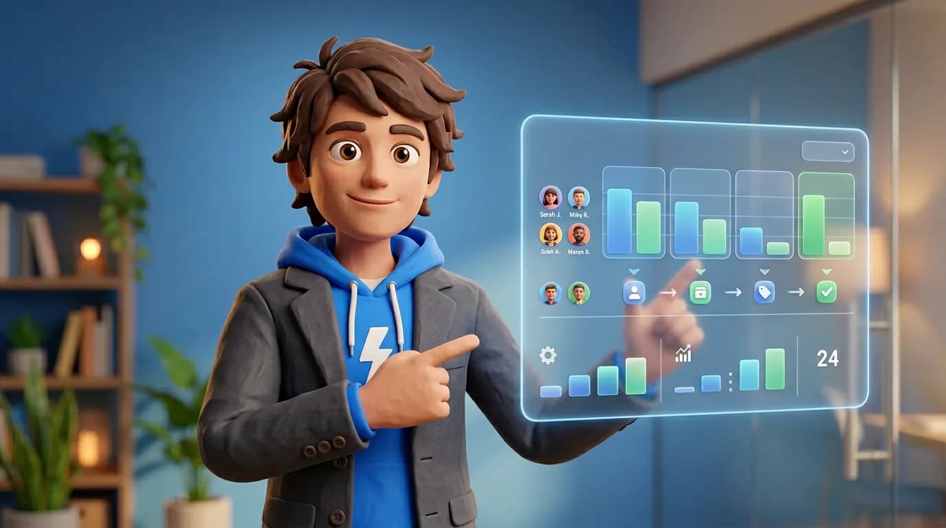 Developer pointing at a clean custom CRM dashboard — contacts, pipeline stages, and deal metrics — built as an alternative to Salesforce
