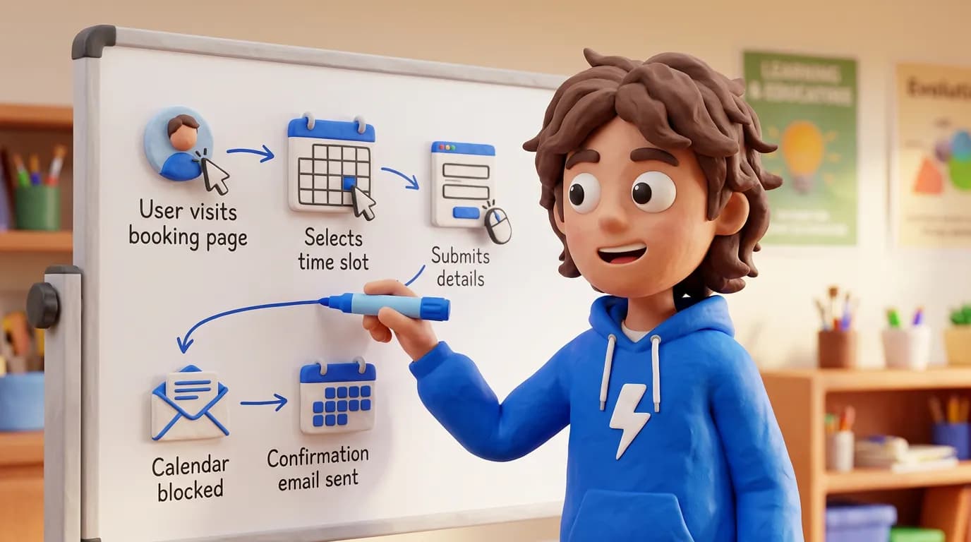 How a scheduling app works: visitors pick a slot, submit their details, get a confirmation, and the time gets blocked in your calendar automatically