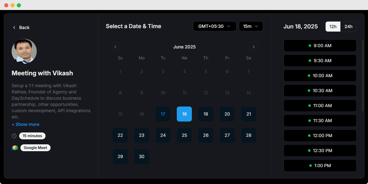  A custom scheduling app showing available time slots and booking interface