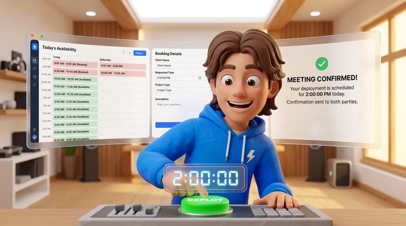 A live scheduling app — public booking page, time slot management, and automated confirmations — deployed in under 2 hours