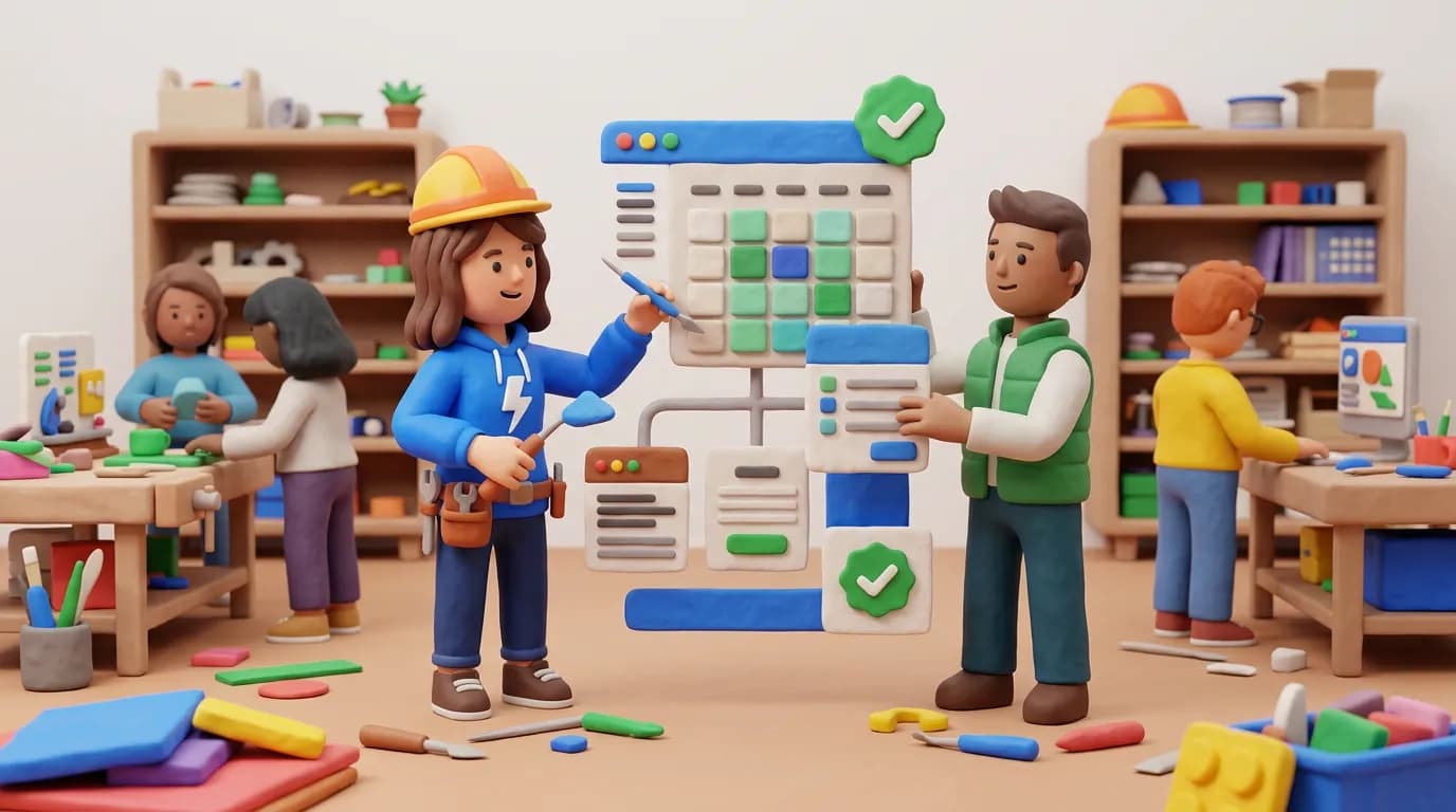 AI app builder assembling a Calendly-style scheduling app from components — no developer required