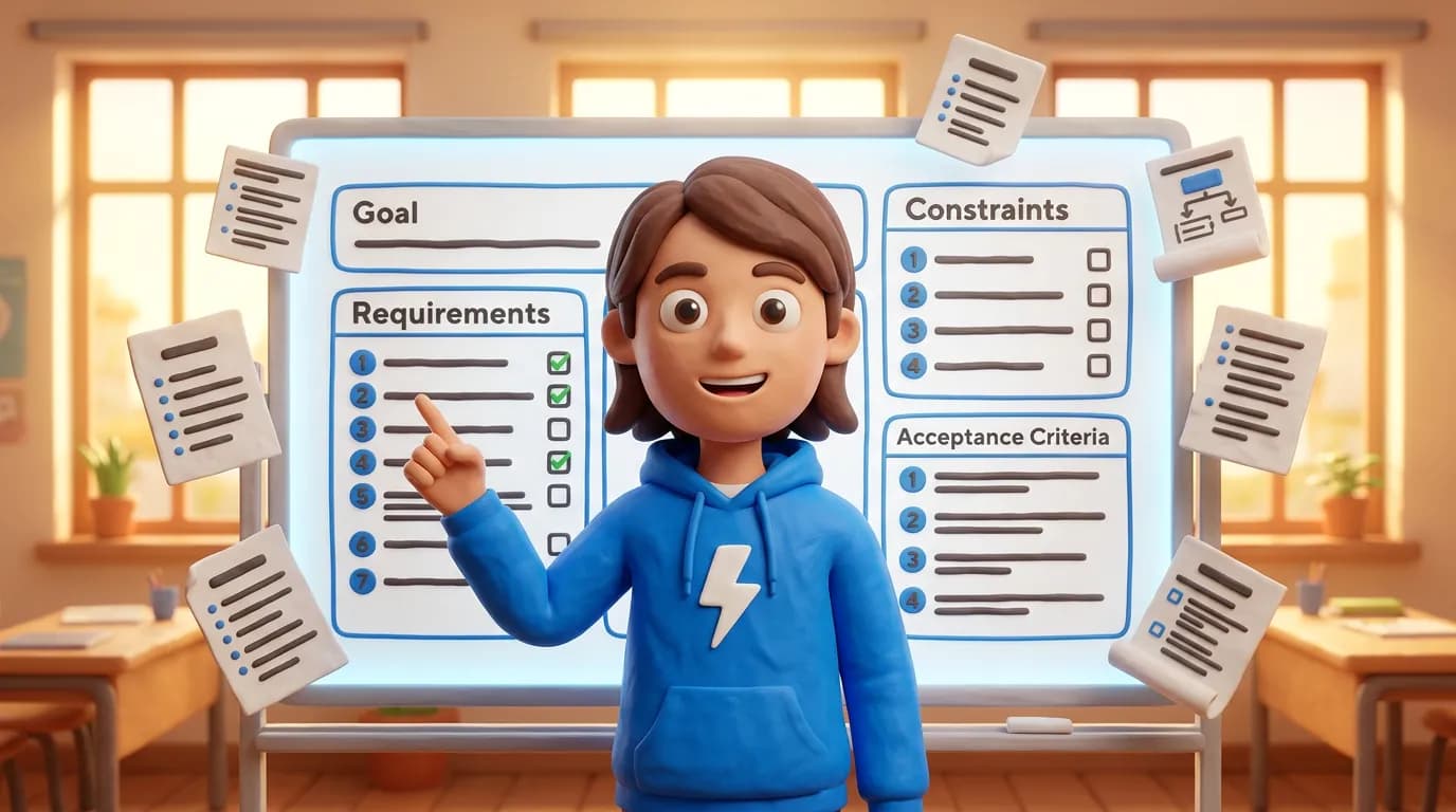 The spec-driven development workflow — write the spec before prompting your AI agent, covering Goal, Requirements, Constraints, and Acceptance Criteria
