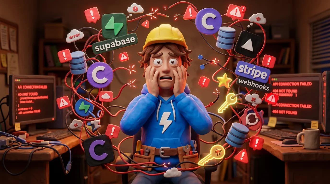 Developer overwhelmed by the complexity of wiring together Supabase, Clerk, Vercel and Stripe webhooks manually