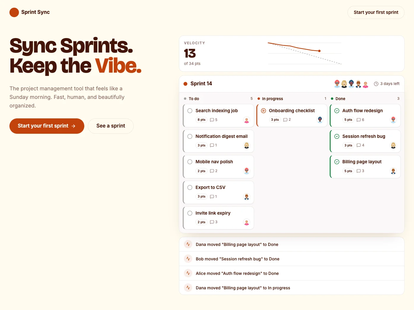 Sprint Sync Dashboard home page