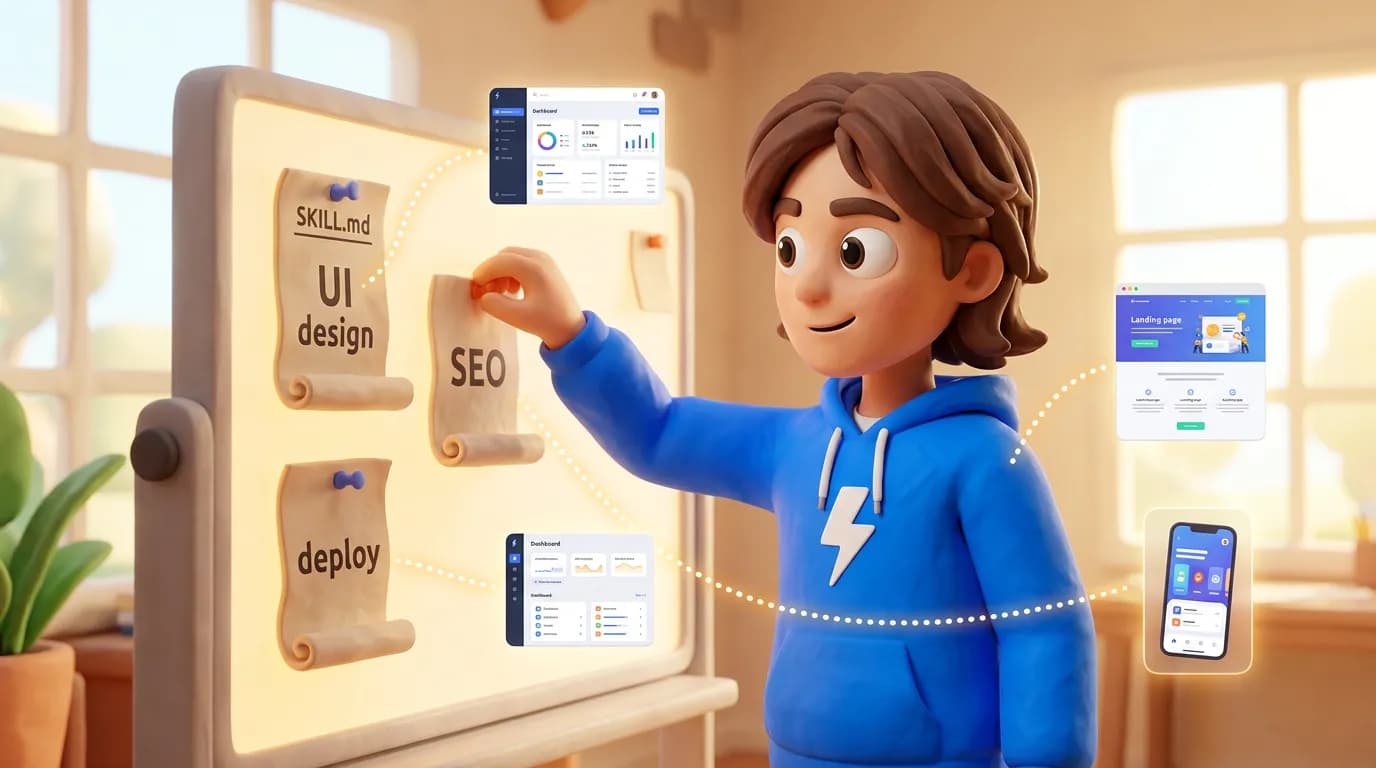 Blink builder pinning SKILL.md scrolls on a whiteboard with each scroll connected to a different app project