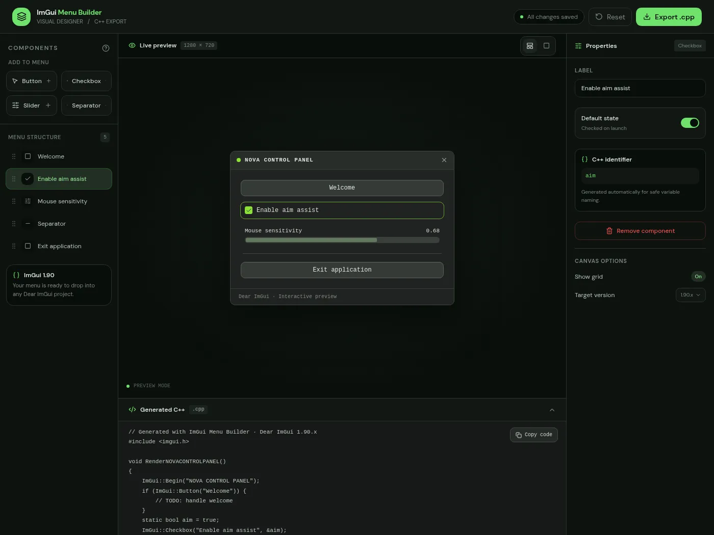ImGui Menu Builder