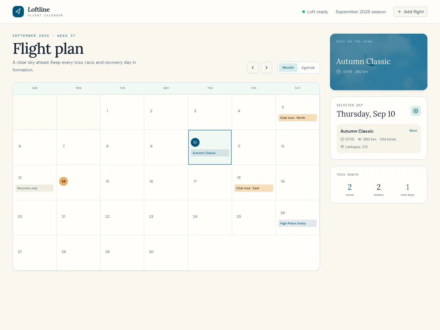 Pigeon Flight Calendar
