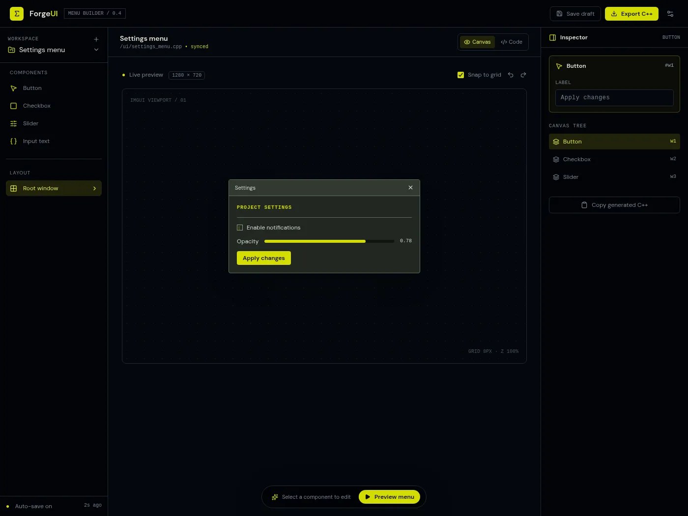 ImGui Menu Builder