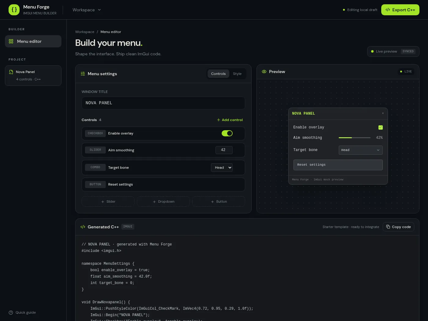 ImGui Menu Builder