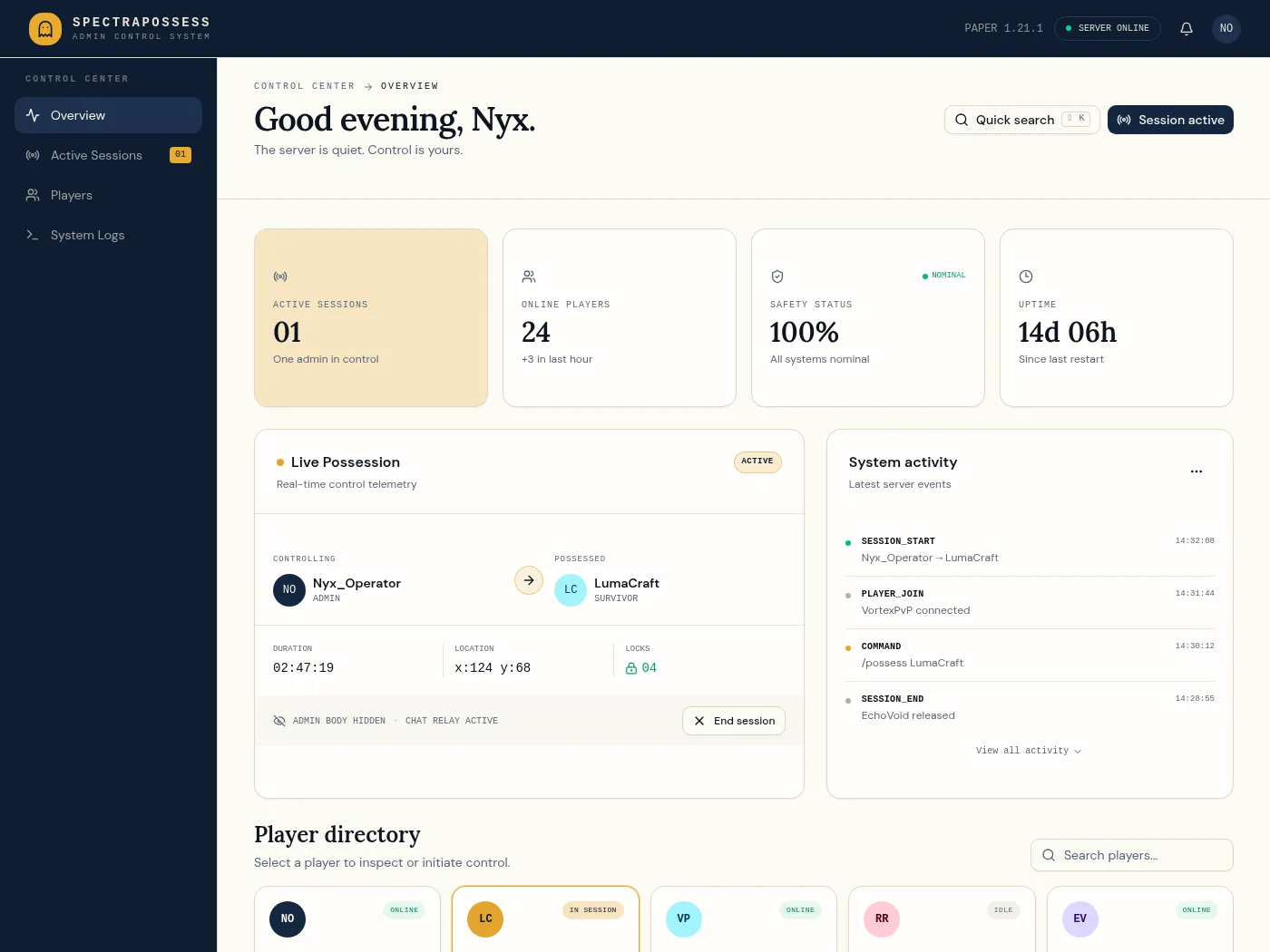 SpectraPossess Admin Plugin