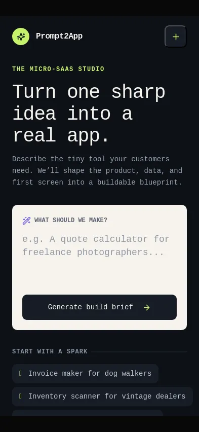 Prompt2App Micro-SaaS Studio