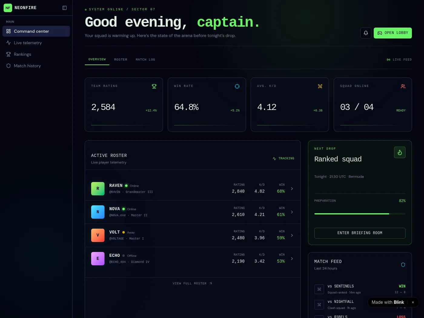 NeonFire eSports Dashboard