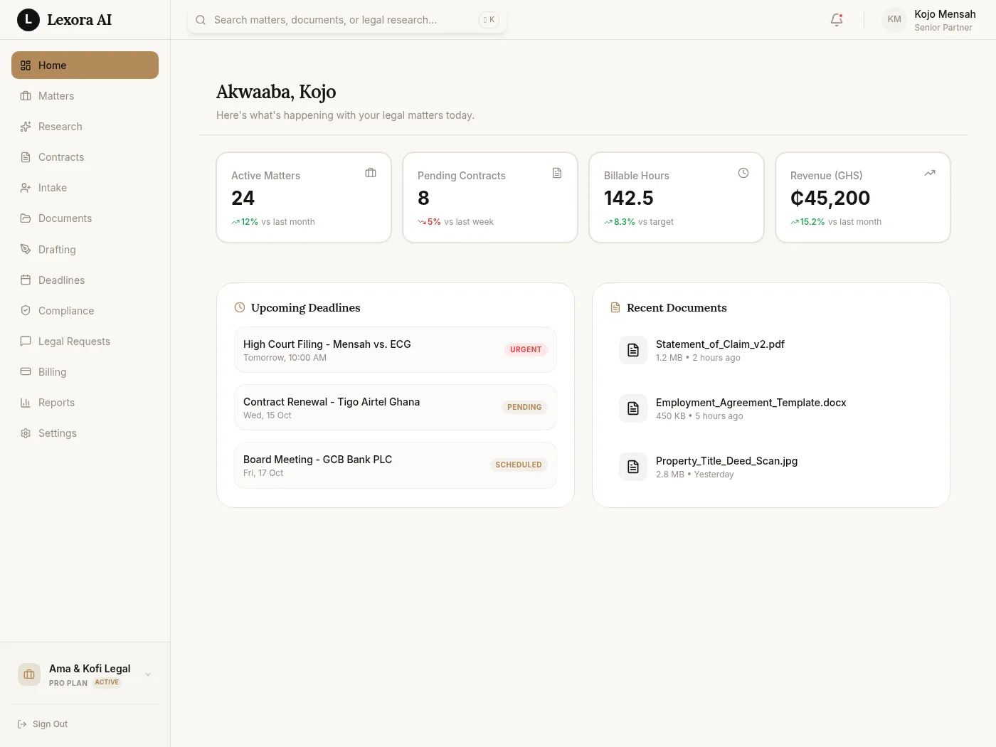 Lexora AI Legal OS UI