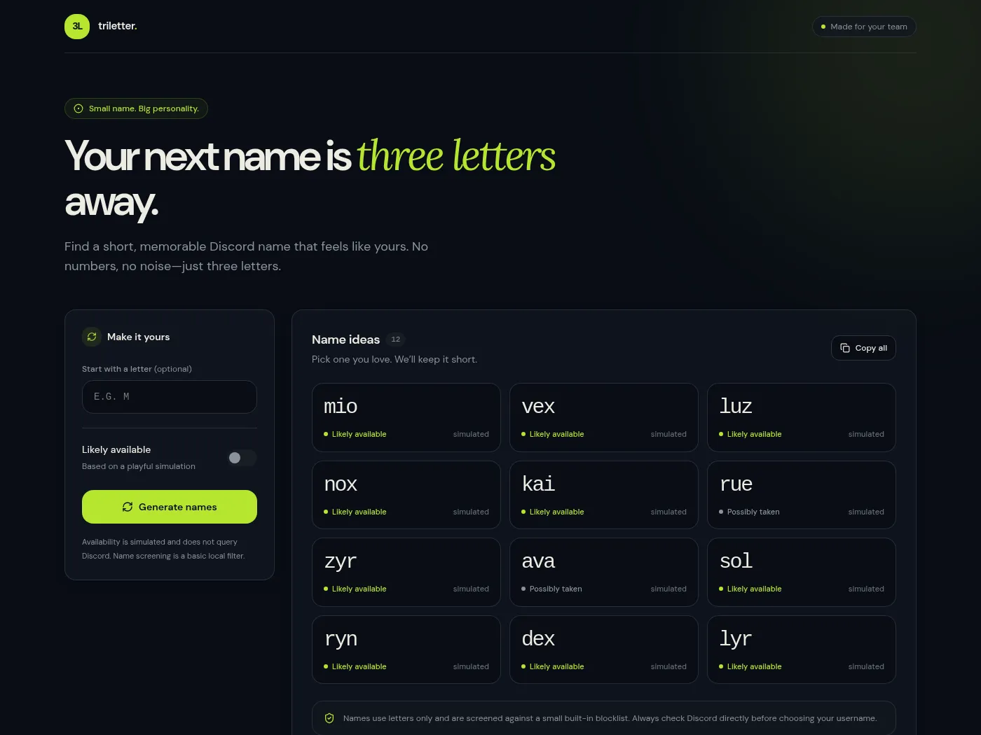TriLetter Discord Names