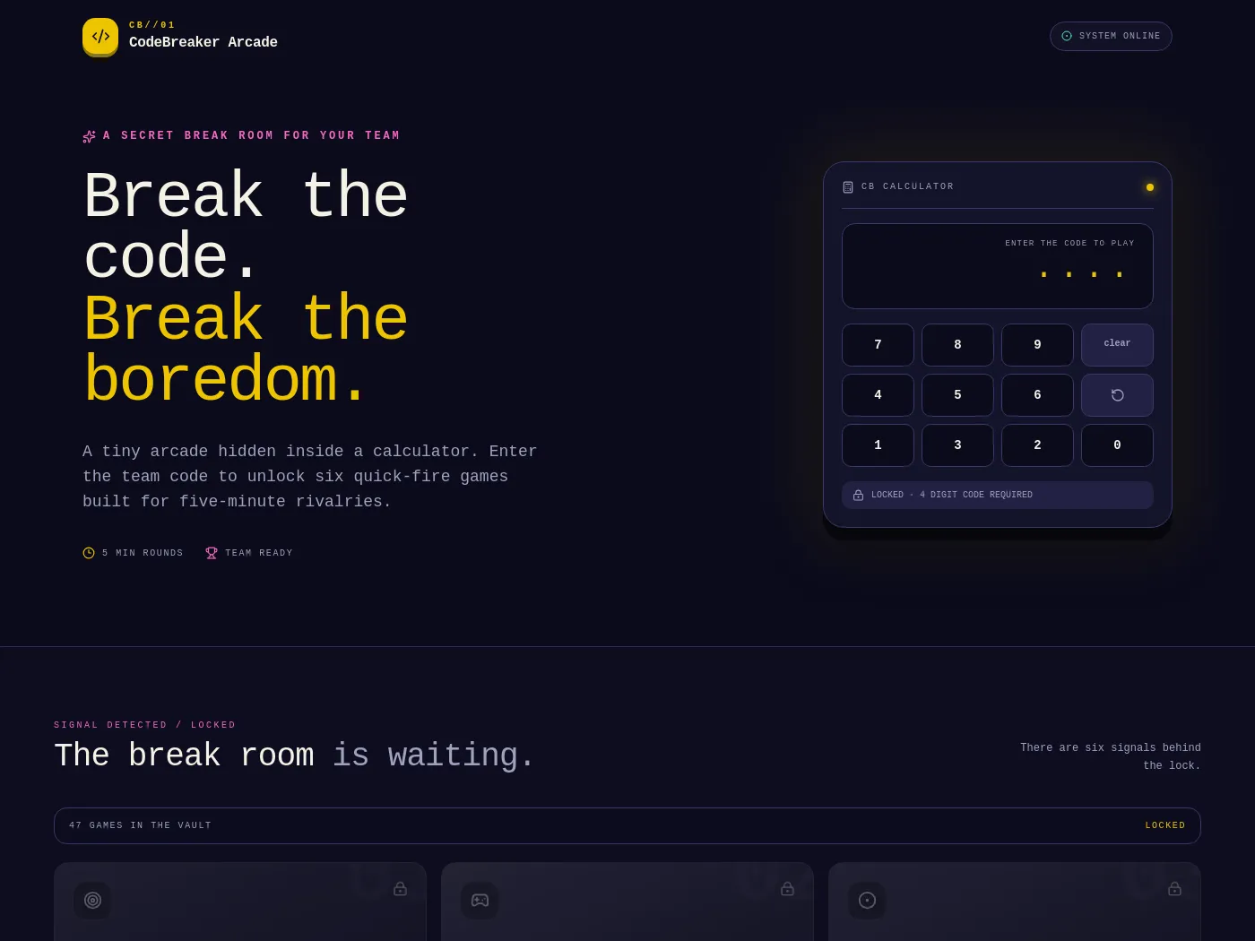 CodeBreaker Arcade Hub