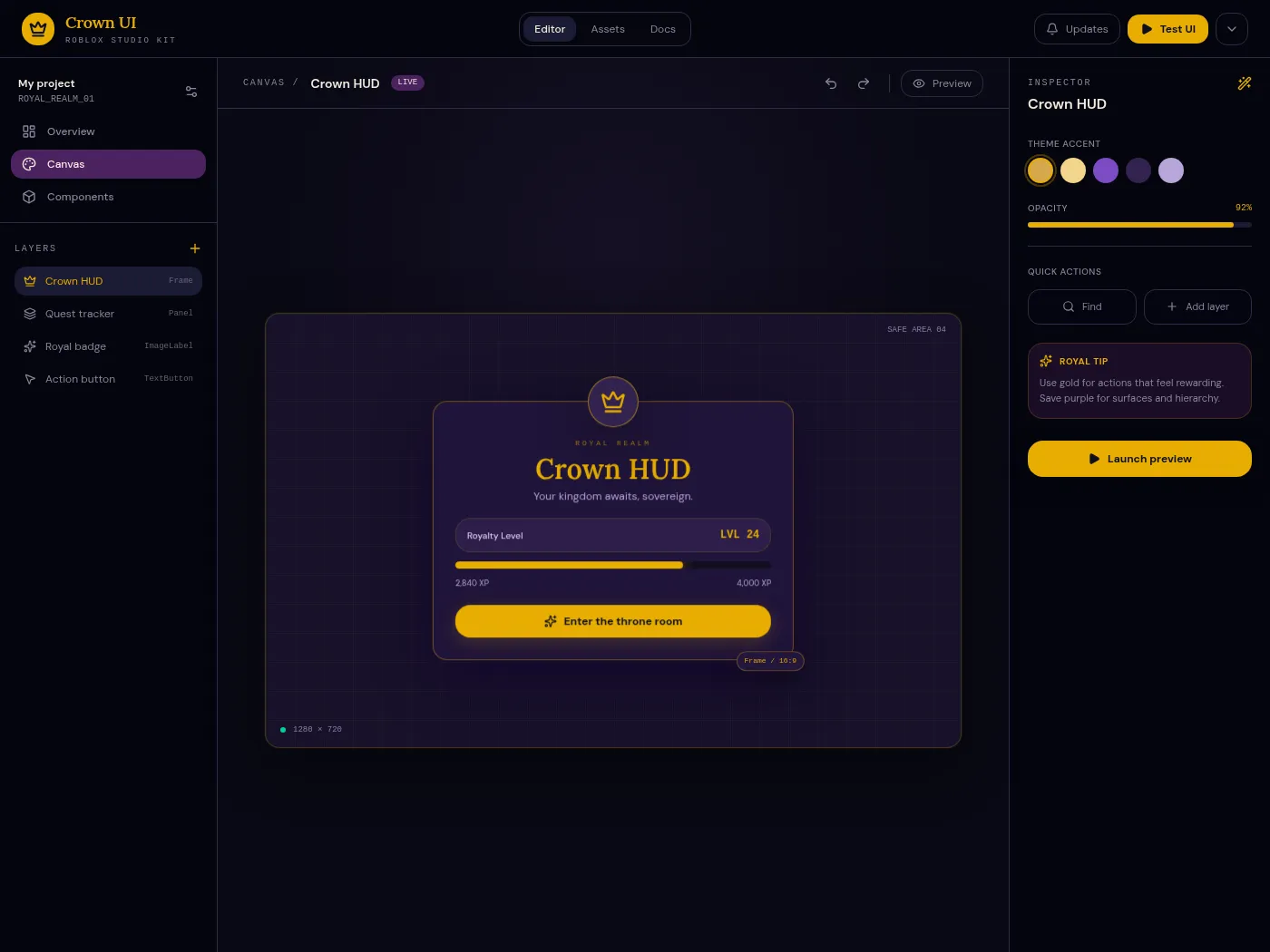 Crown UI for Roblox Studio