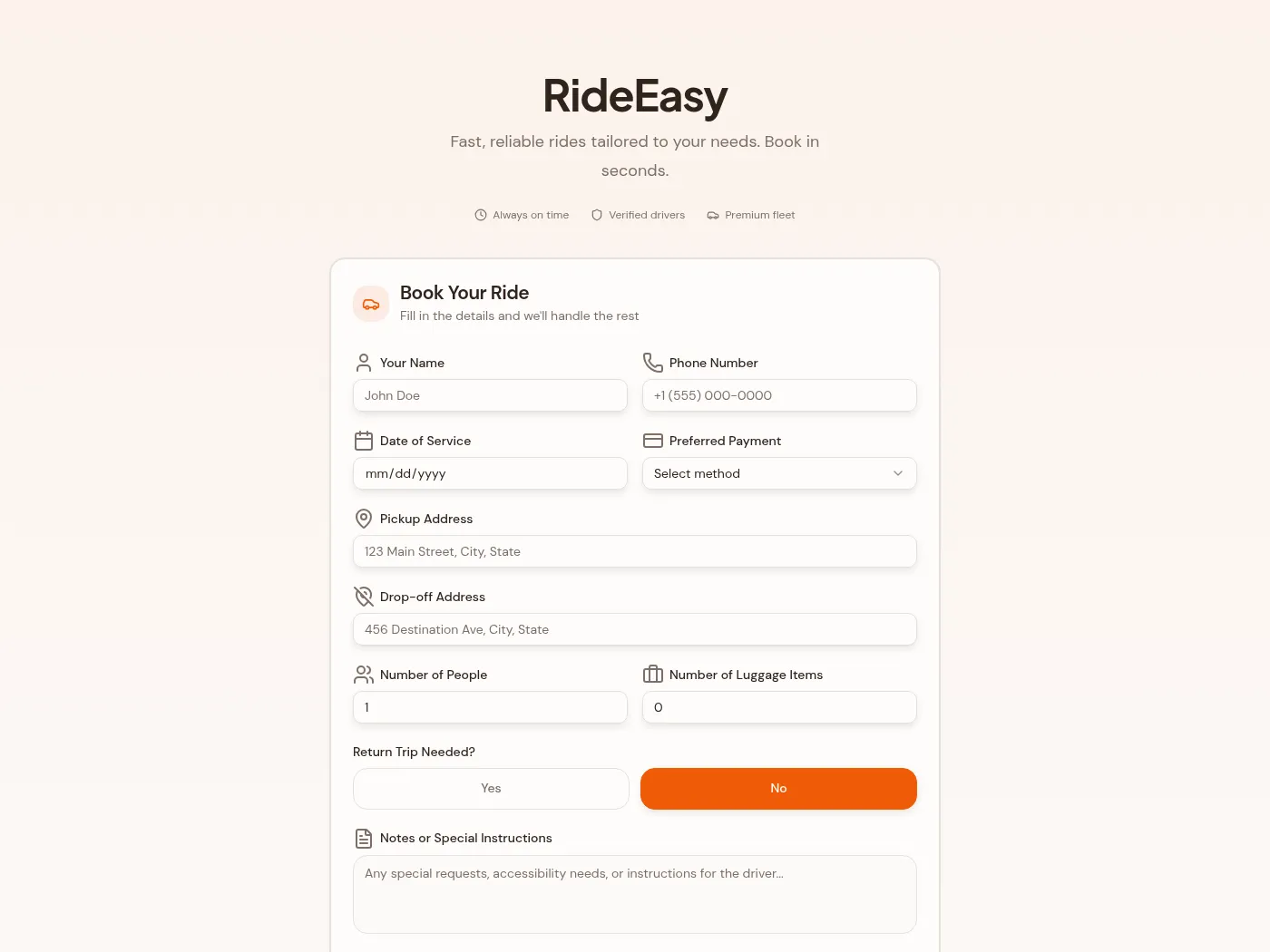 RideEasy Booking Form