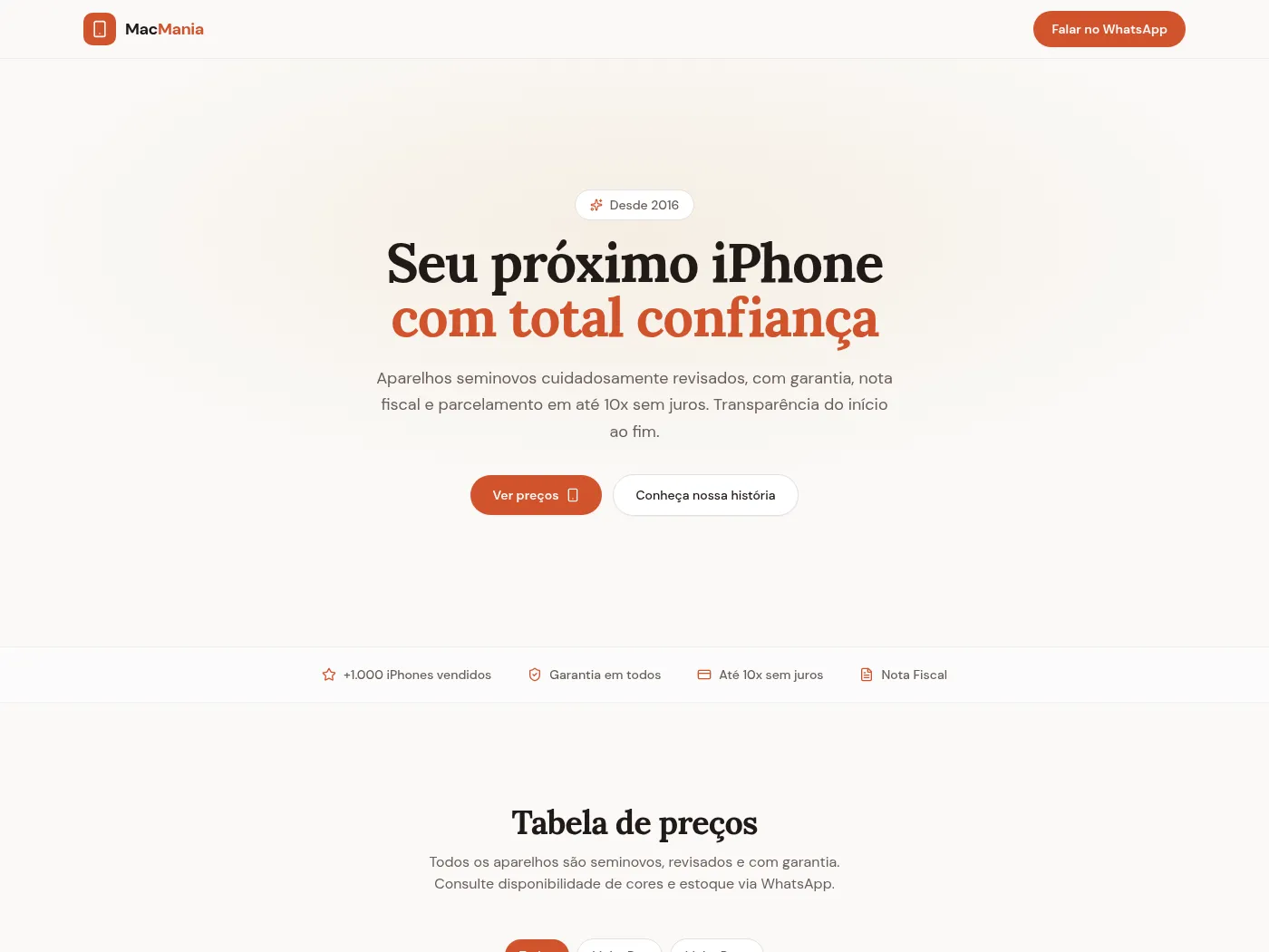 iPhone Price Table Webpage