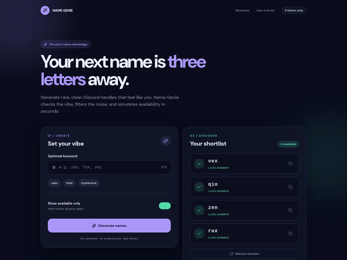 Discord 3-Letter Name Genie