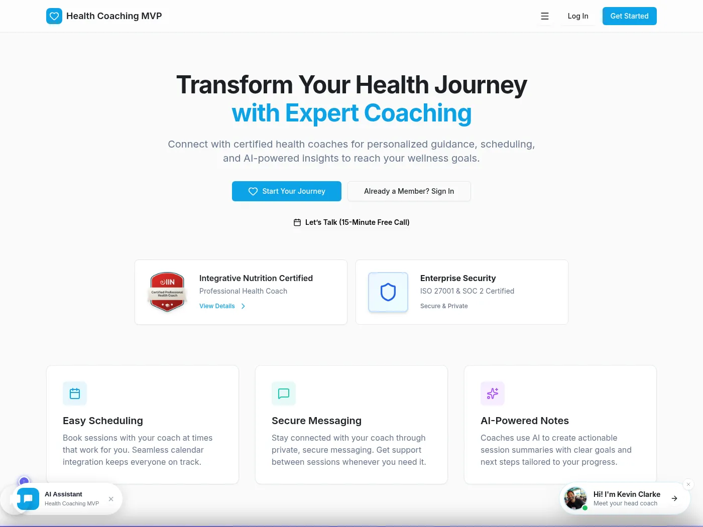 Health Coaching MVP Web App with Secure Auth, Scheduling, Messaging, and AI-Powered Notes (Scalable for Multi-Coach)