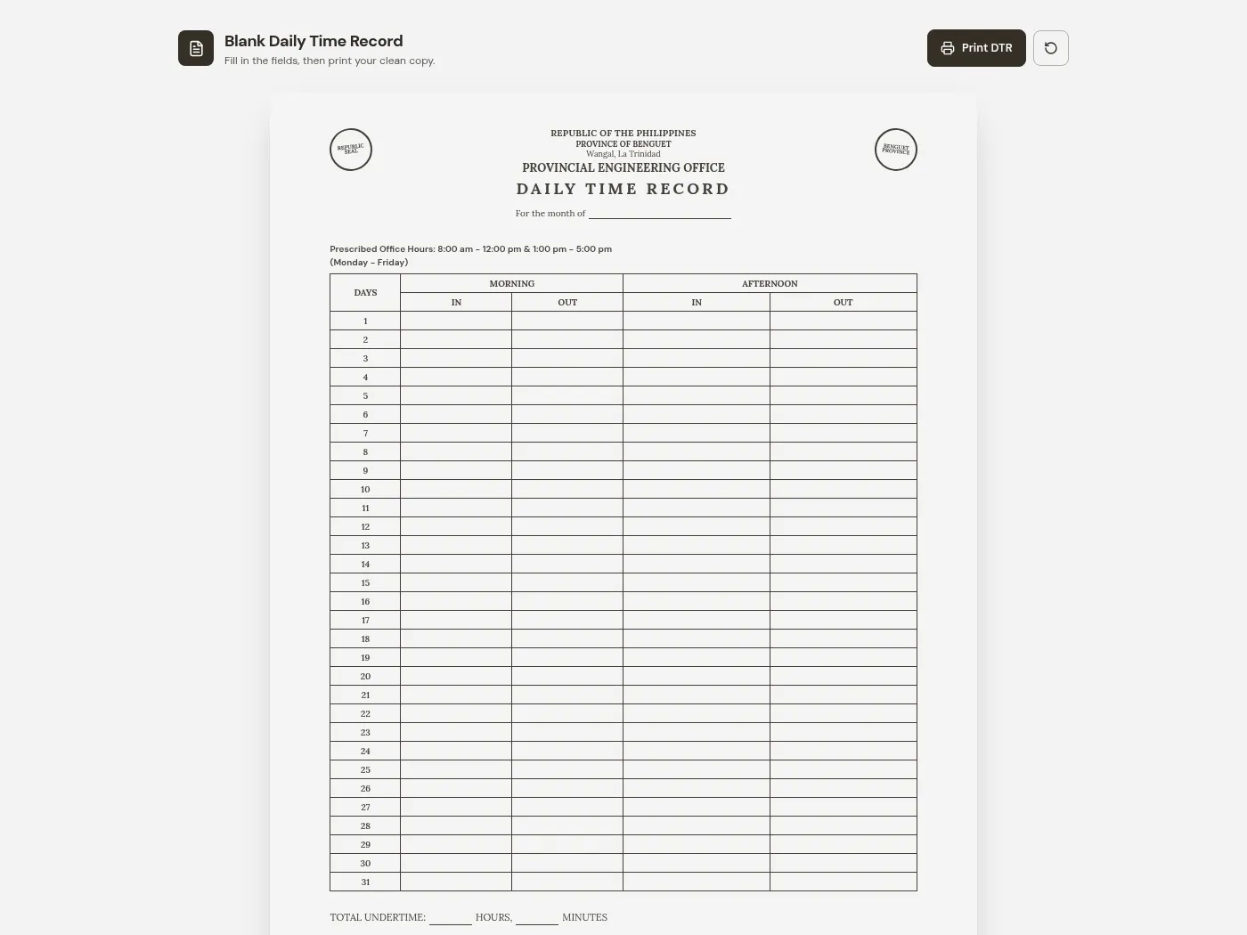 Printable DTR Template
