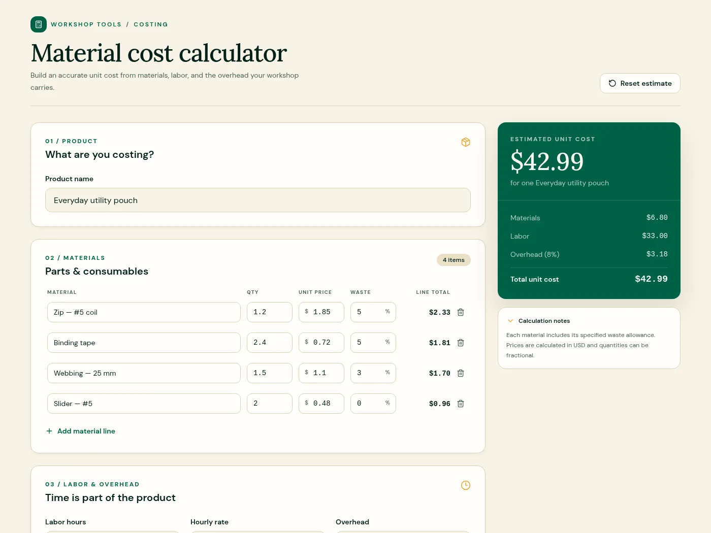 Material Cost Calculator