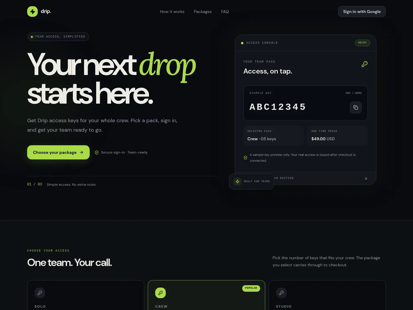 Drip Access Sales Page