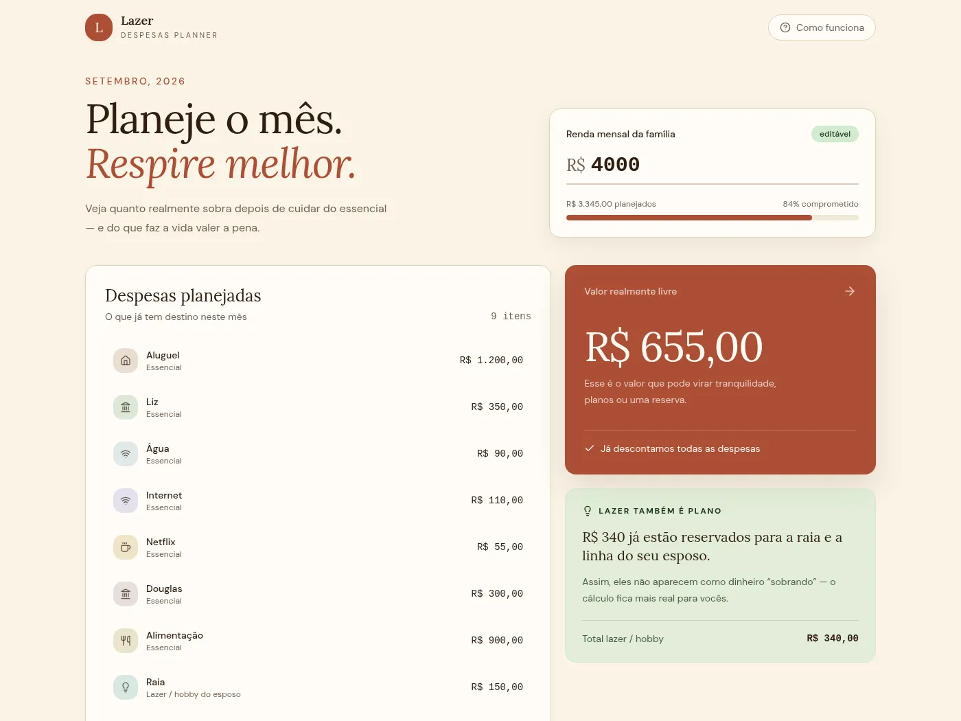 Lazer Despesas Planner