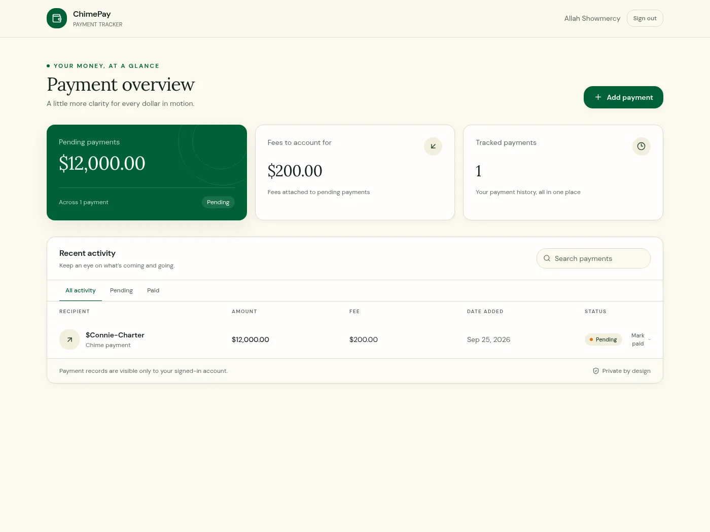 ChimePay Tracker