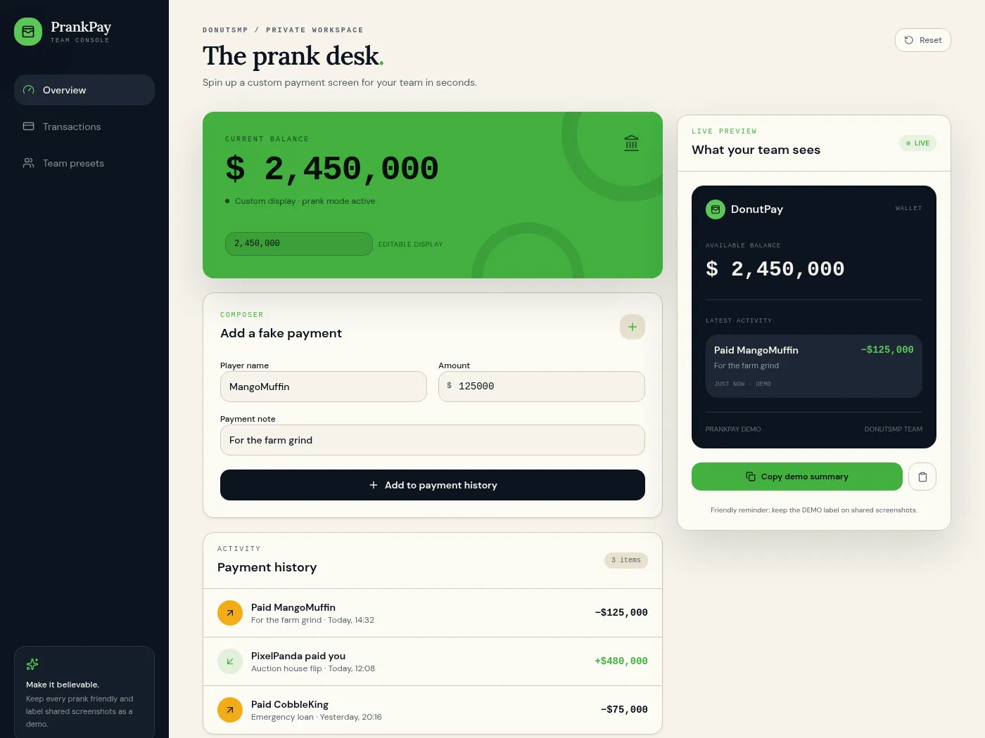 DonutSMP Payment Prank Mod