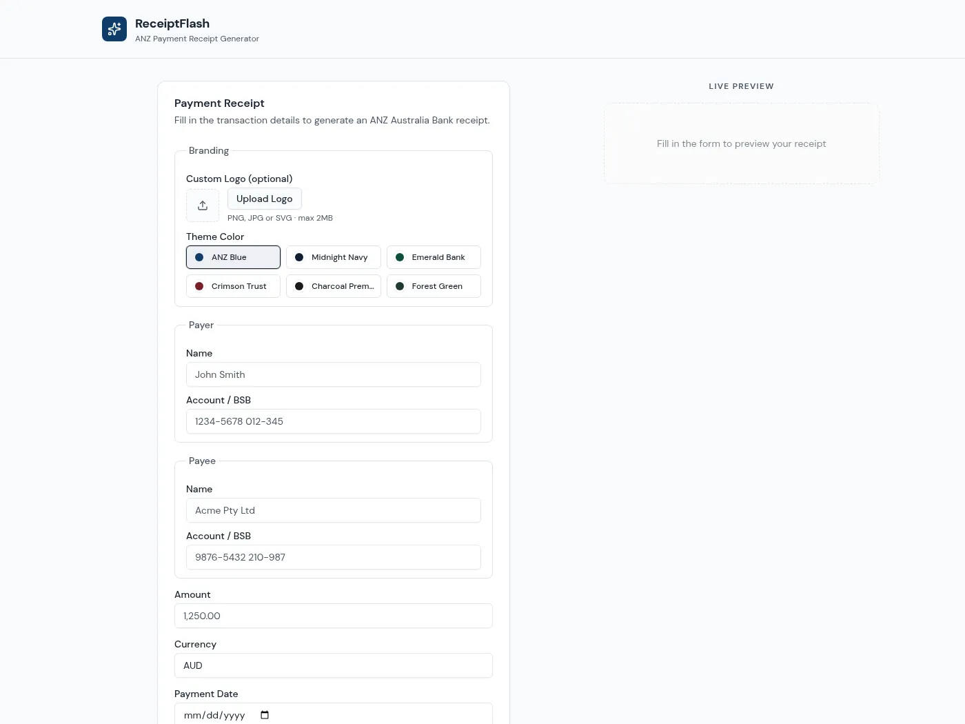 ReceiptFlash ANZ Generator