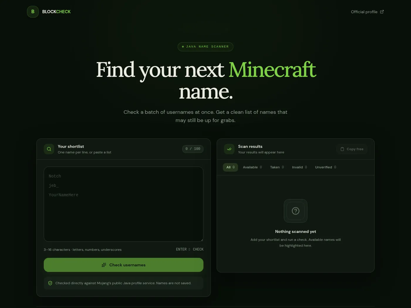 Minecraft Username Checker