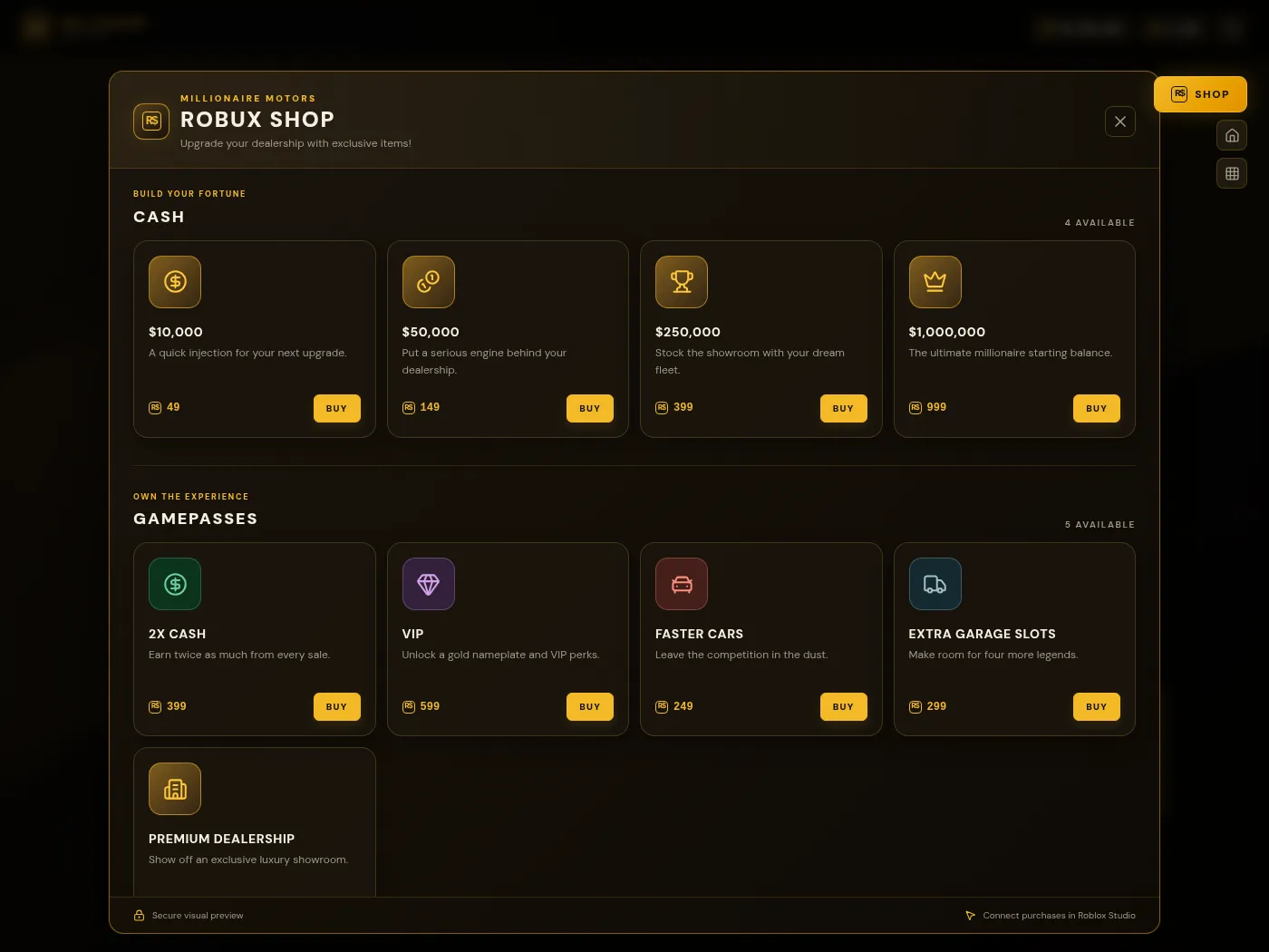 Millionaire Motors Shop UI