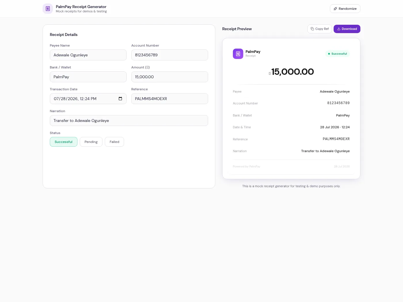 PalmPay Receipt Generator