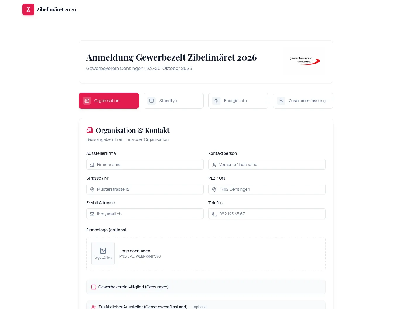 Gewerbezelt Signup Portal
