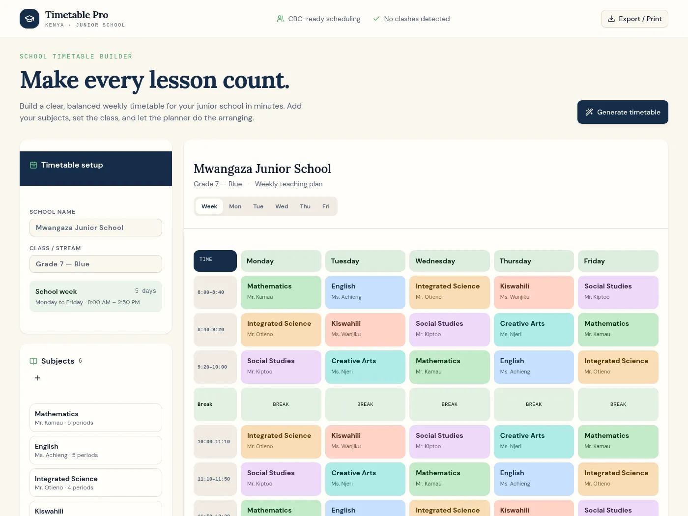 Kenya School Timetable Pro