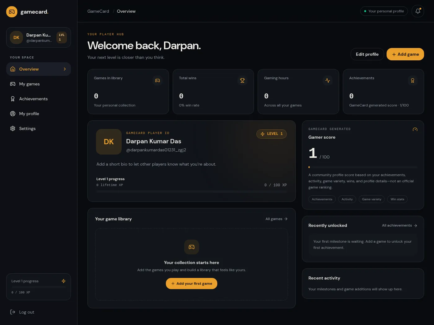 GameCard Gamer Profile App