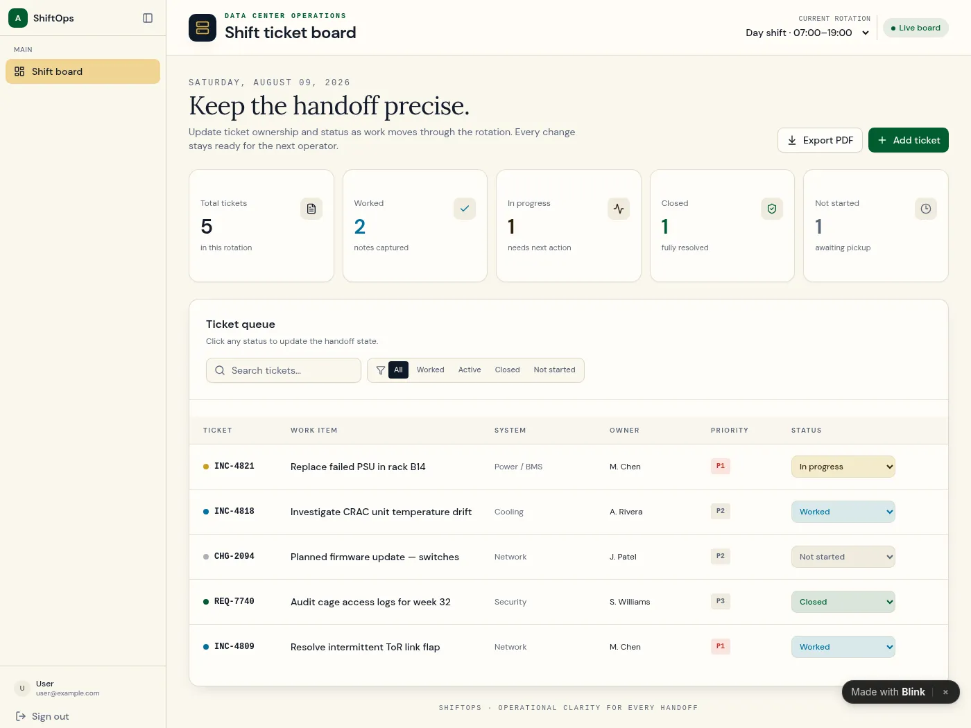 ShiftOps Ticket Tracker