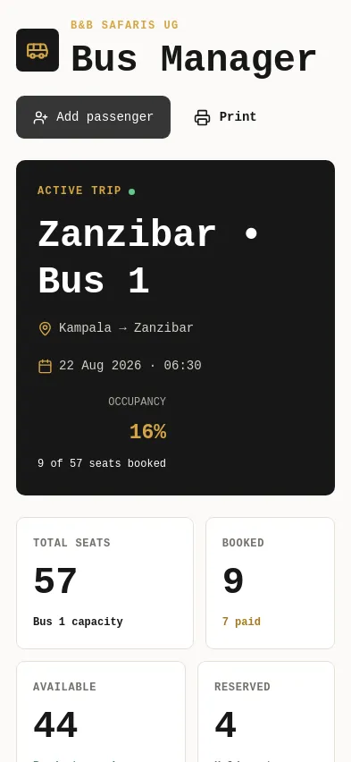 B&B Safaris Bus Manager
