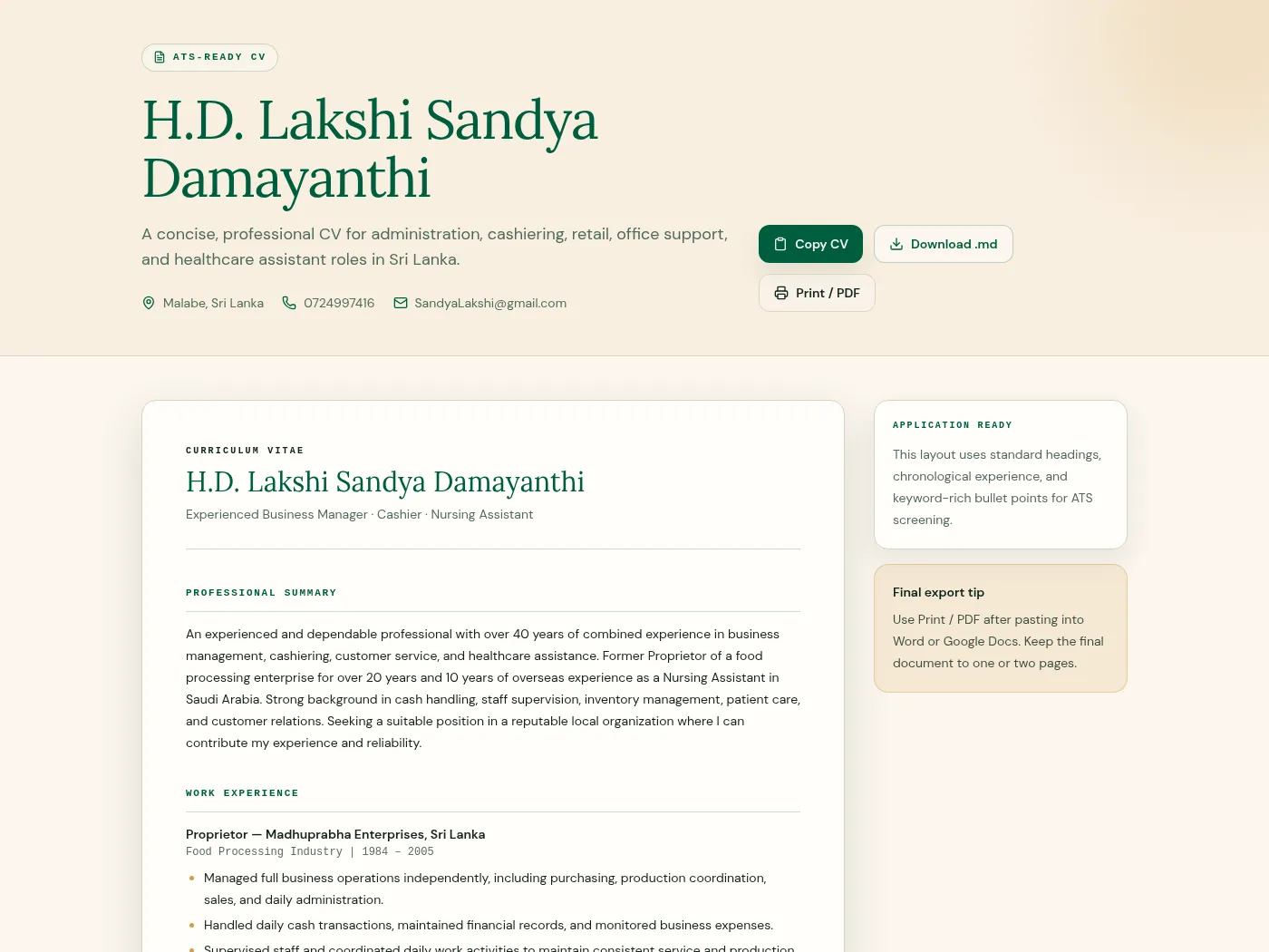 Sri Lanka ATS CV Maker