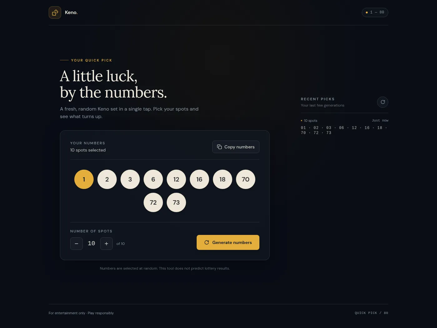 Keno Number Generator