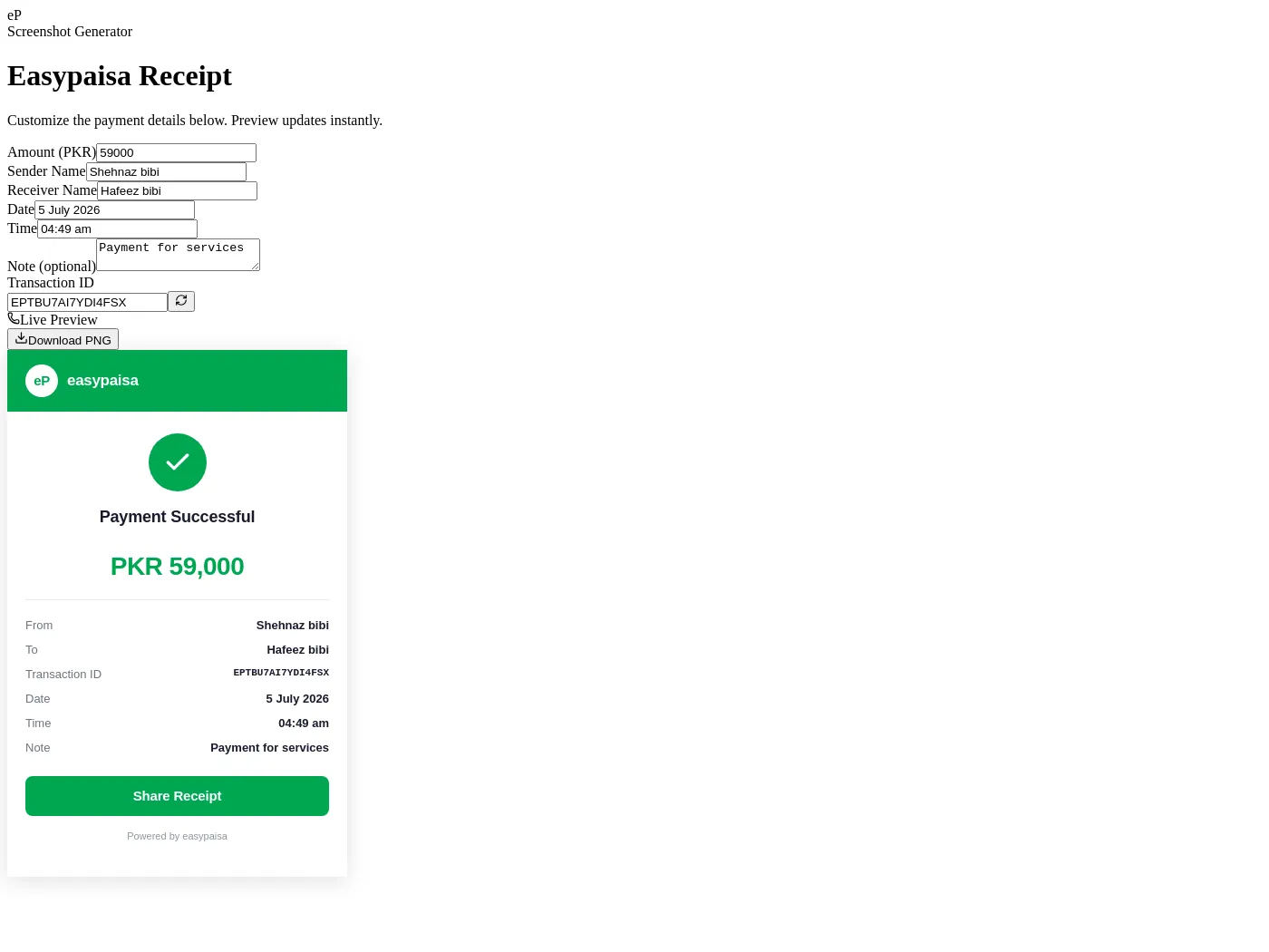 Easypaisa Screenshot Generator
