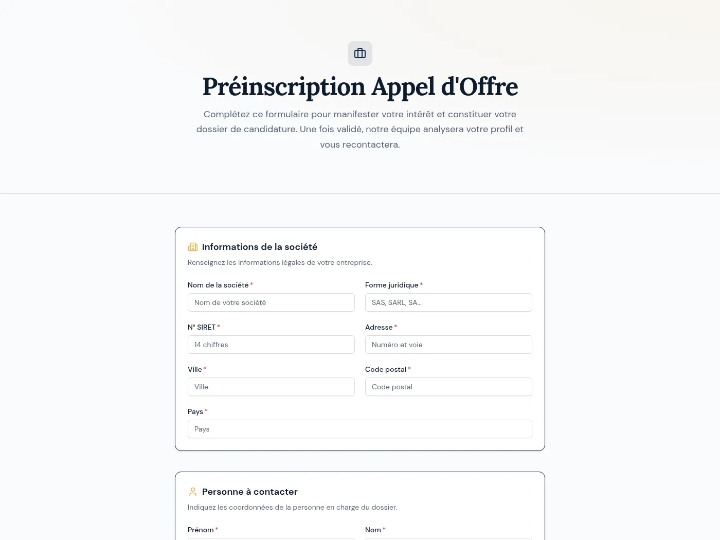 Préinscription Appel d'Offre