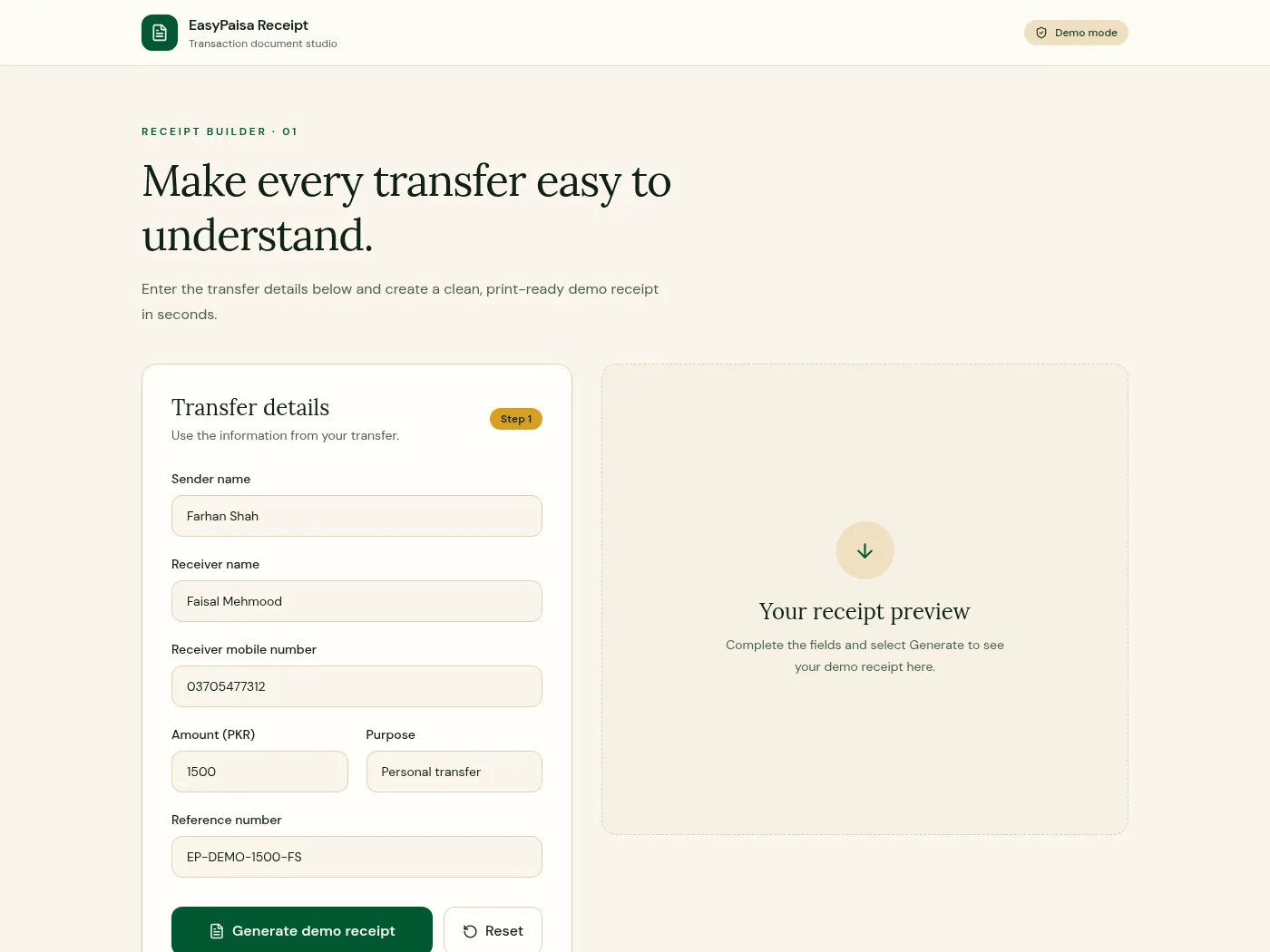 EasyPaisa Receipt Generator