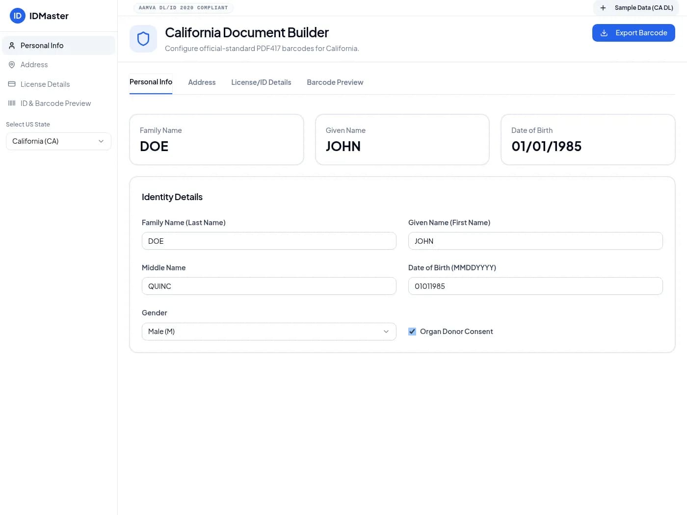 AAMVA ID Barcode Builder