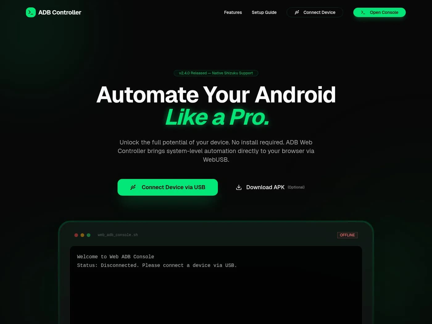 ADB Controller APK Page